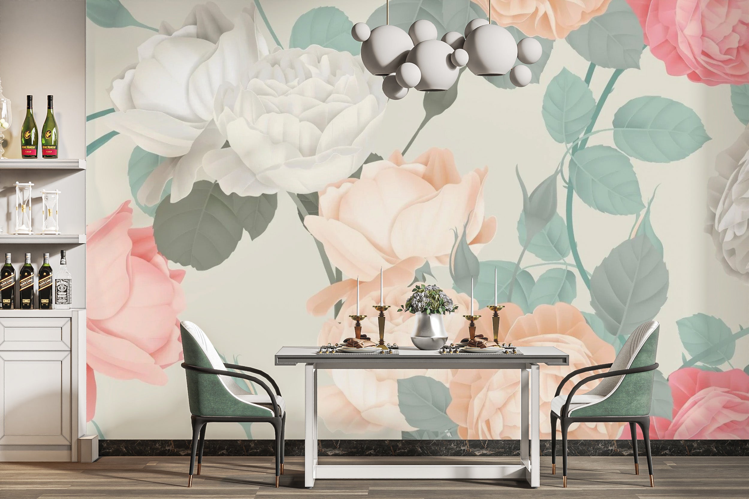 Pink & White Large Painted Roses Wallpaper Mural | Giffywalls